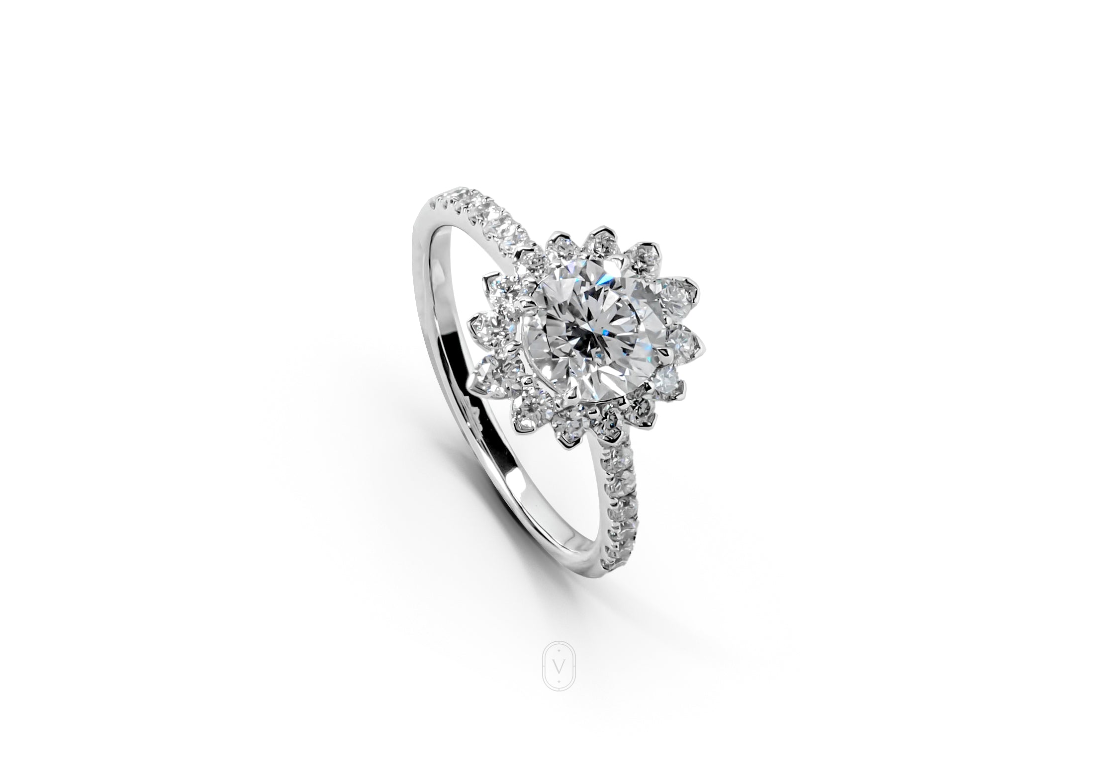 KATNISS WHITEGOLD FLORAL HALO RING 1CT ROUND CUT LAB DIAMOND WITH SIDE ...